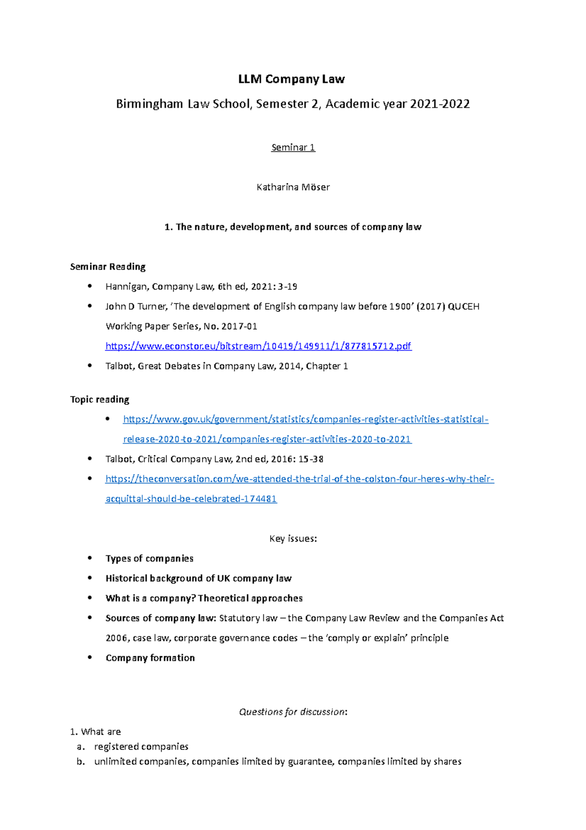 LLM Company Law Seminar Sheet 1 - 08 22354 - Birmingham - Studocu