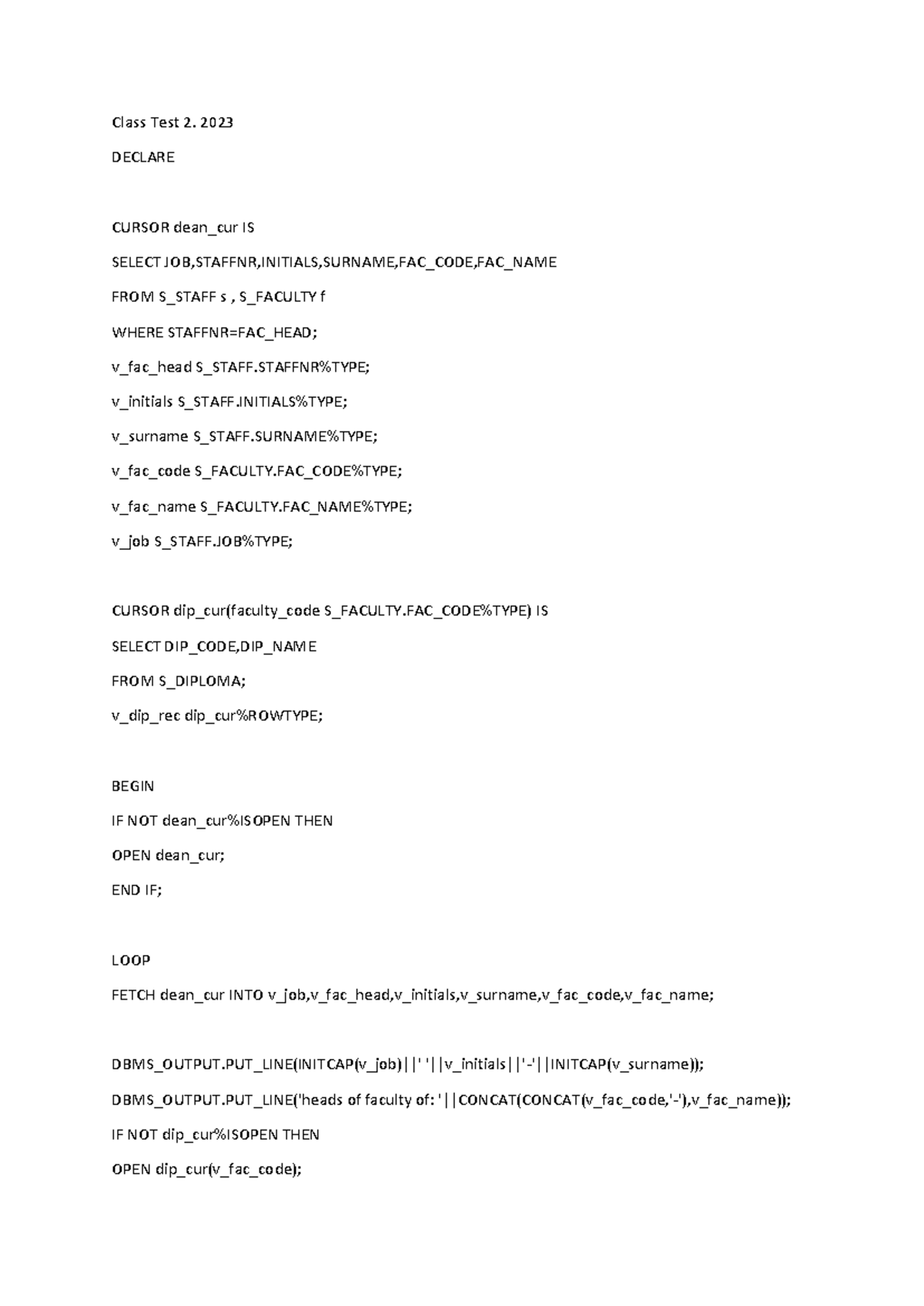 Calss test 2 2023 - ANSWERS - Class Test 2. 2023 DECLARE CURSOR dean ...