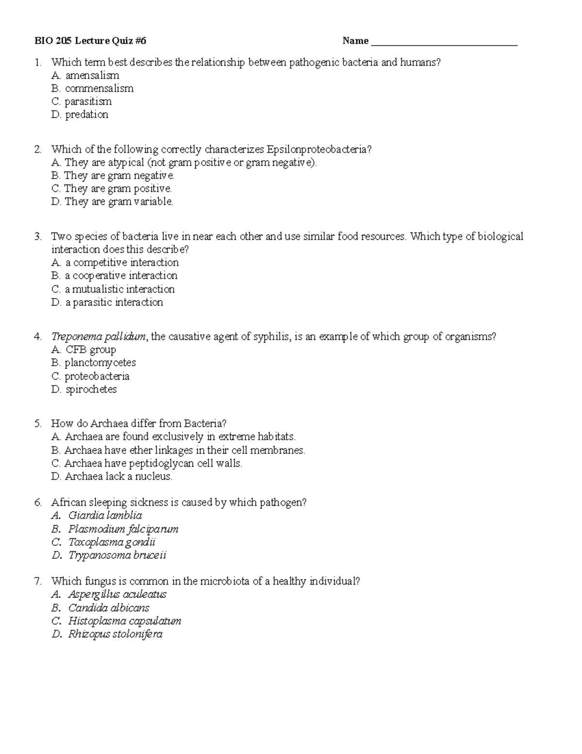 20Lecture QZ 6 - lecture quiz - BIO 205 Lecture Quiz #6 Name