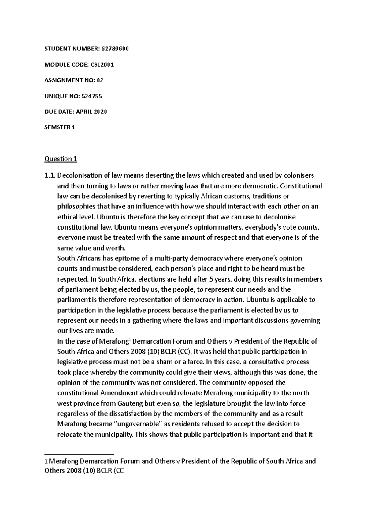 CSL2601 Assignment 2 - STUDENT NUMBER: 62789600 MODULE CODE: CSL ...
