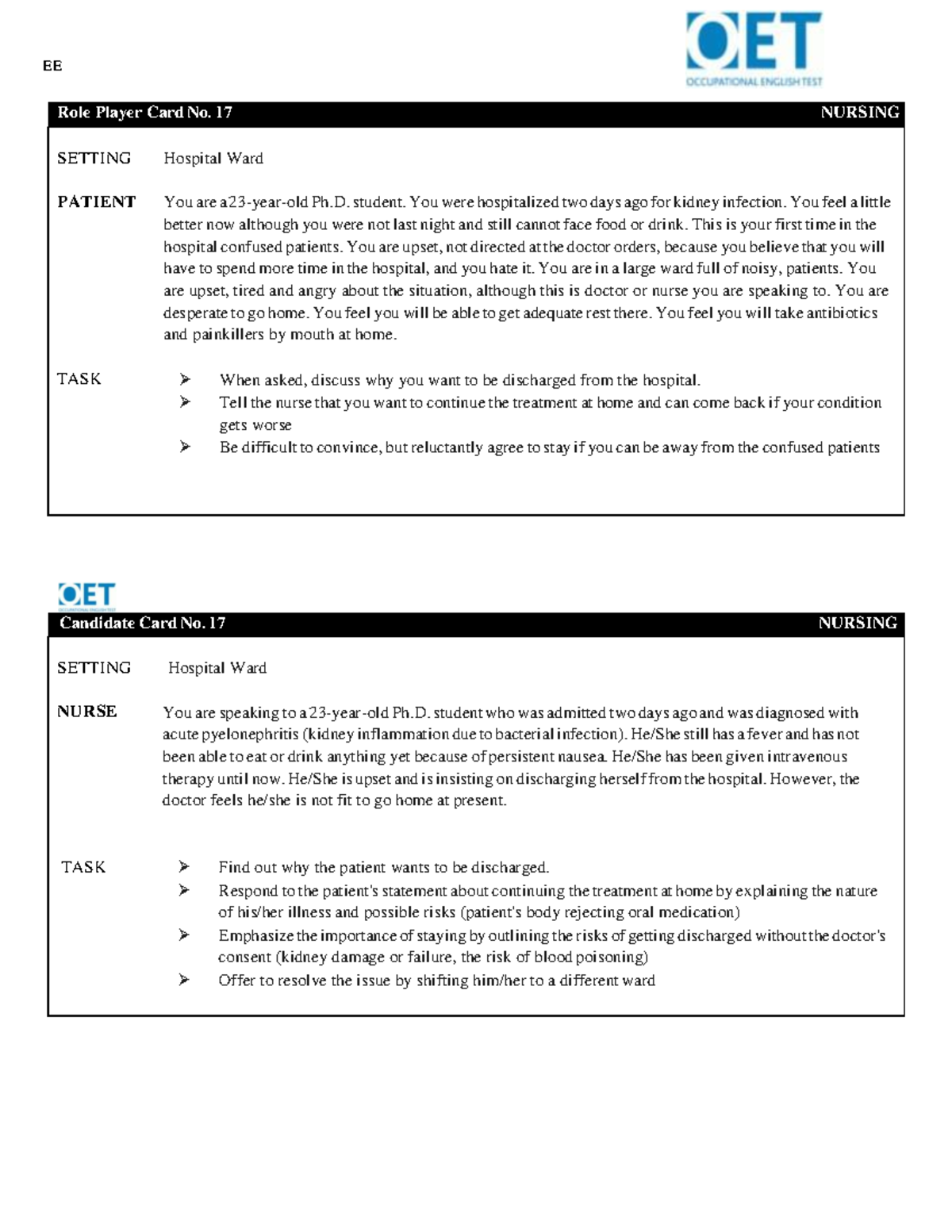 OET Speaking Noisy Ward, 23 yr Ph.D student - EE Role Player Card No ...