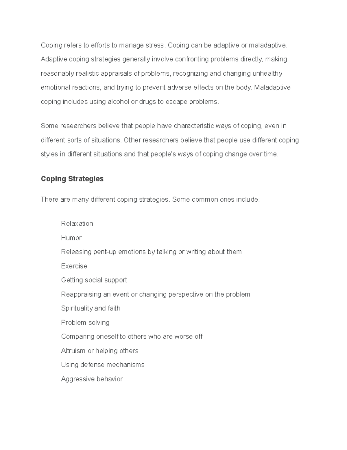 stress management and coping in class notes - Coping refers to efforts ...