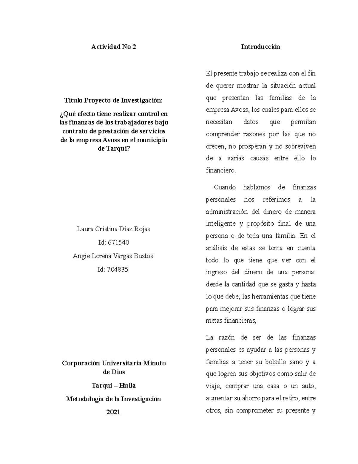 Actividad 2 - proyecto - Actividad No 2 Titulo Proyecto de ...