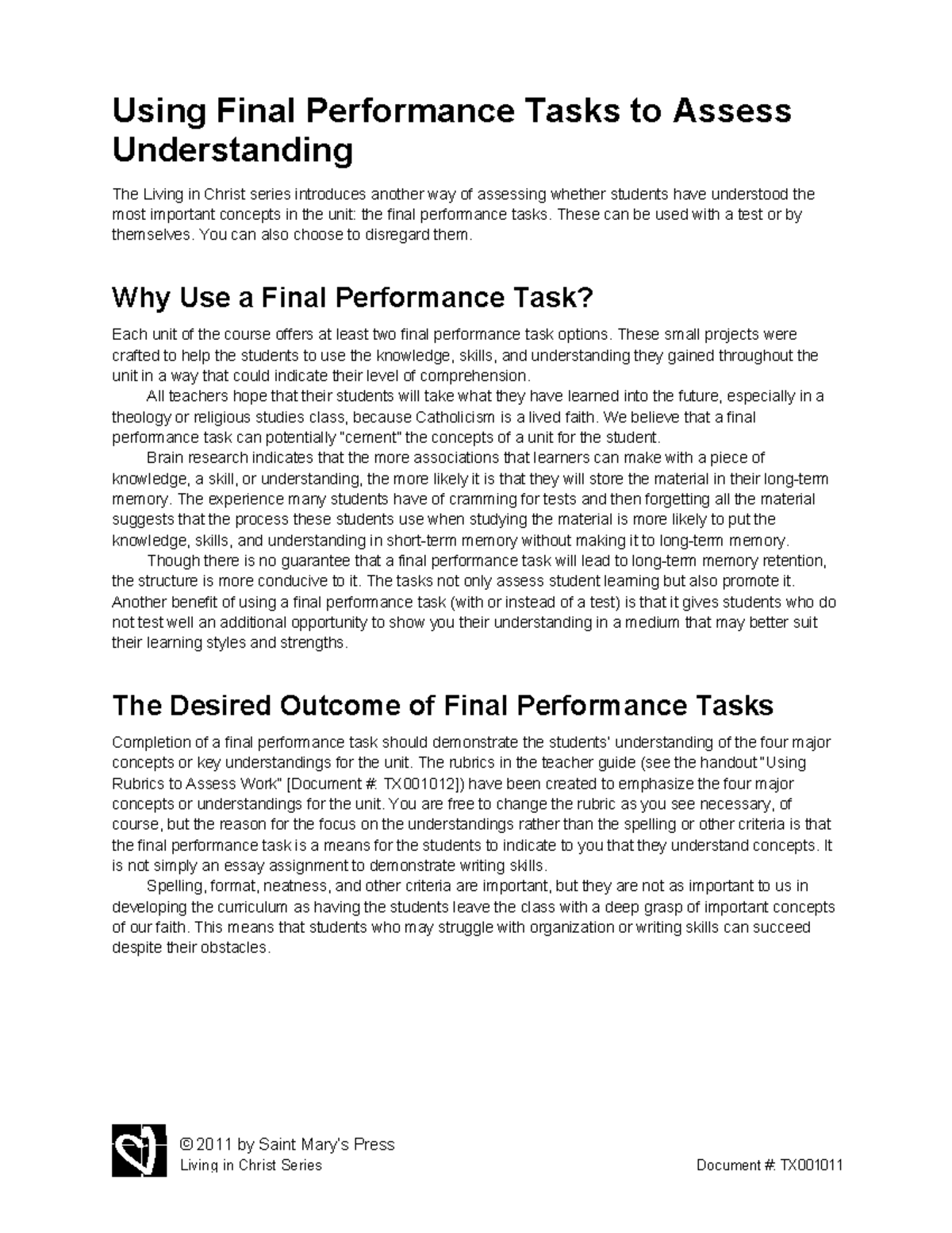 TX001011 1-method-Using Final Performance Tasks to Assess Understanding ...