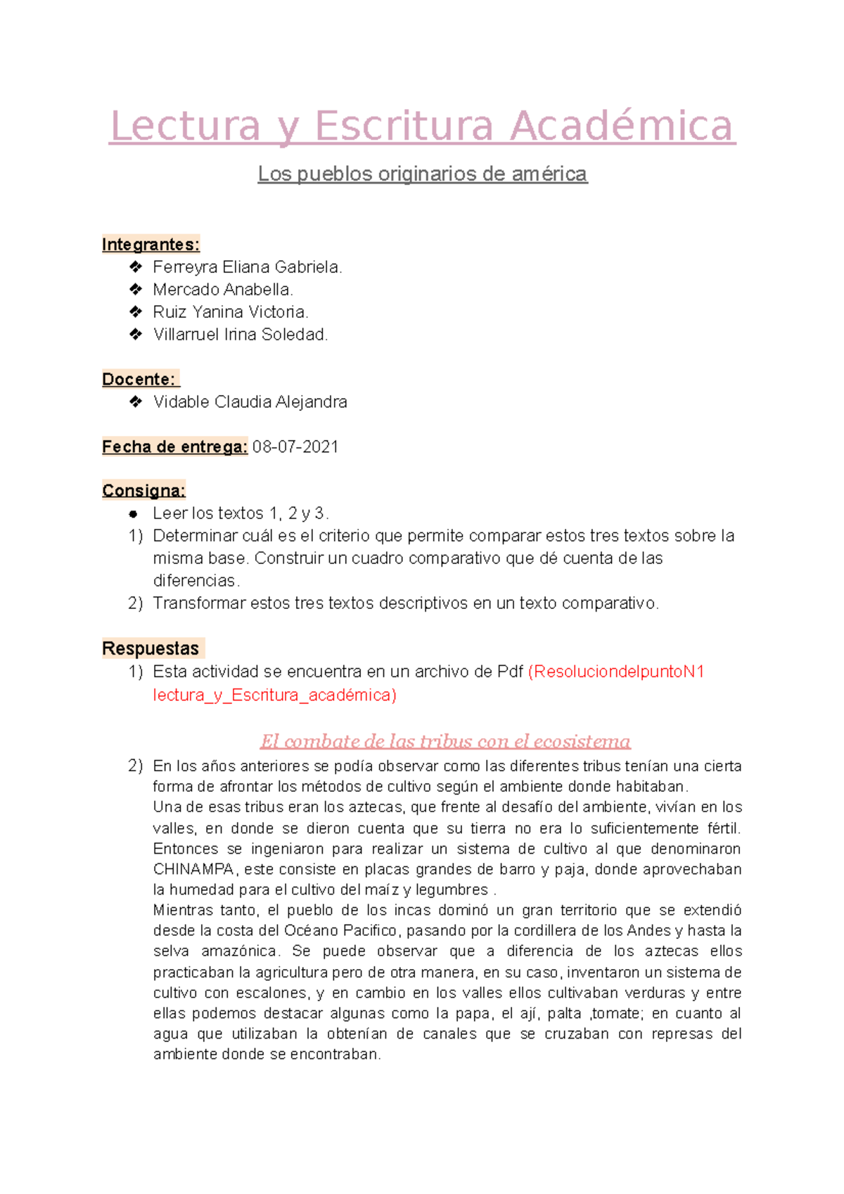 Lectura y Escritura academica - Lectura y Escritura Académica Los pueblos originarios de américa ...