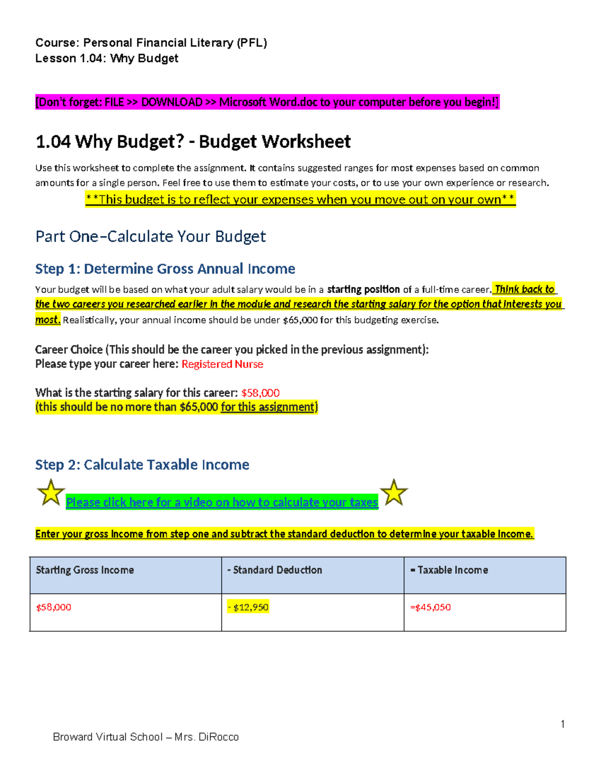 1.04 Budget Worksheet - Lesson 1: Why Budget [Don’t forget: FILE >> DOWNLOAD >> - Studocu