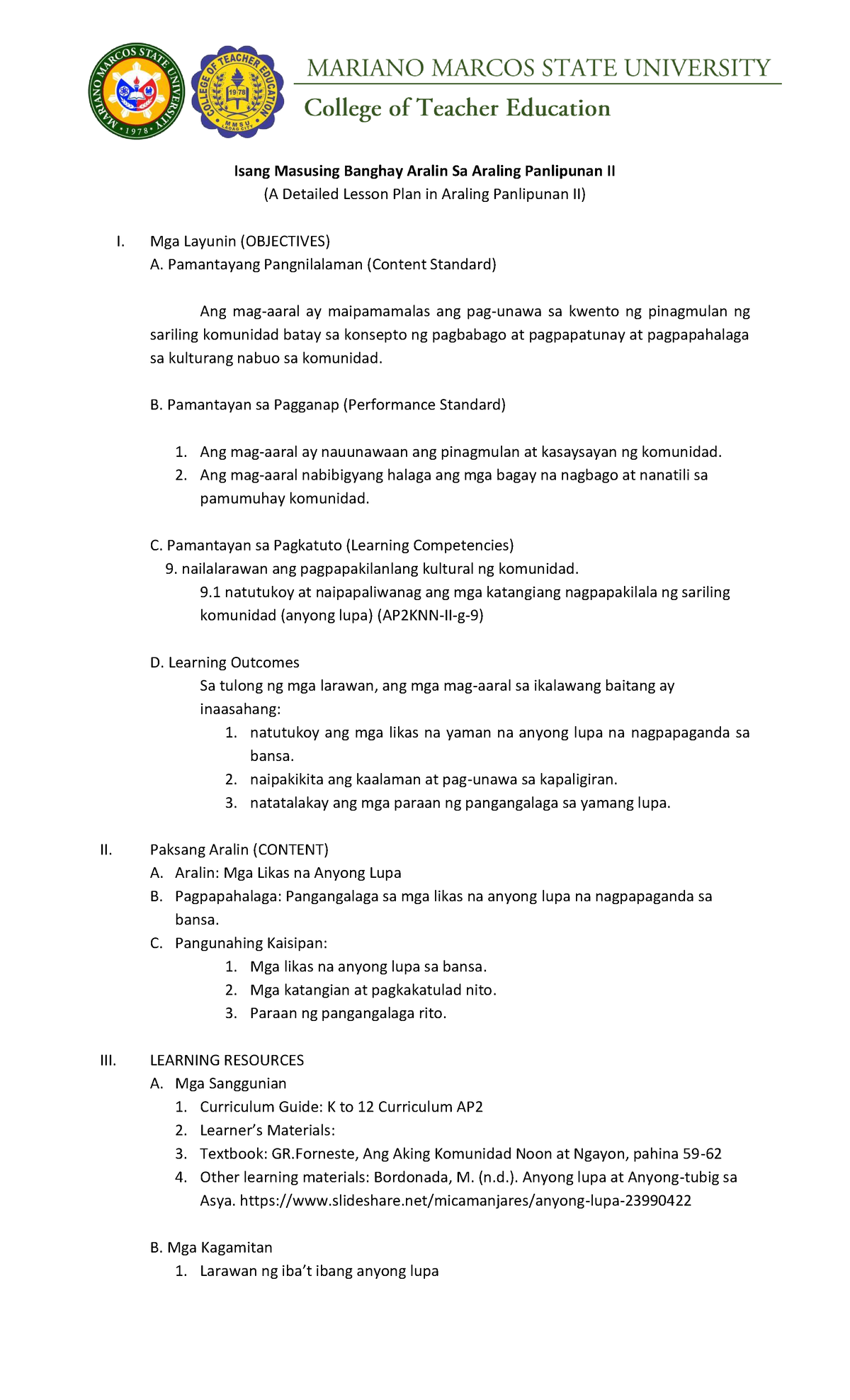 ELED 103 Group 7 AP - lesson plan - Isang Masusing Banghay Aralin Sa ...