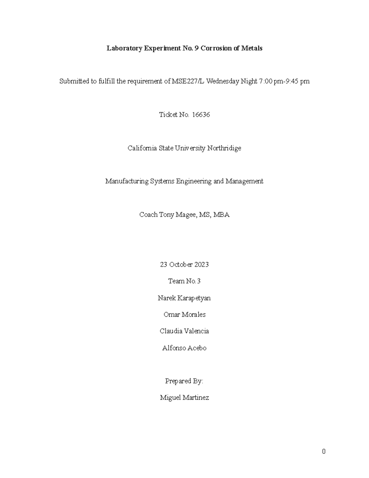 Lap Report 3 - Exp 6/7 - Laboratory Experiment No. 9 Corrosion of ...