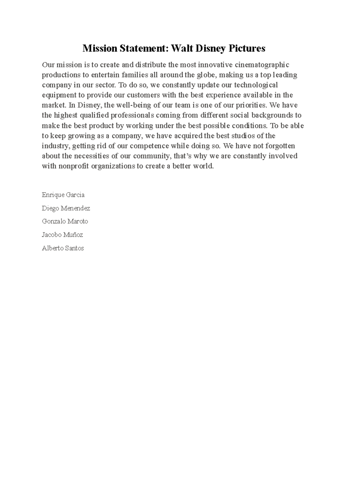 Deberes (Mission Statement Disney) - Mission Statement: Walt Disney ...