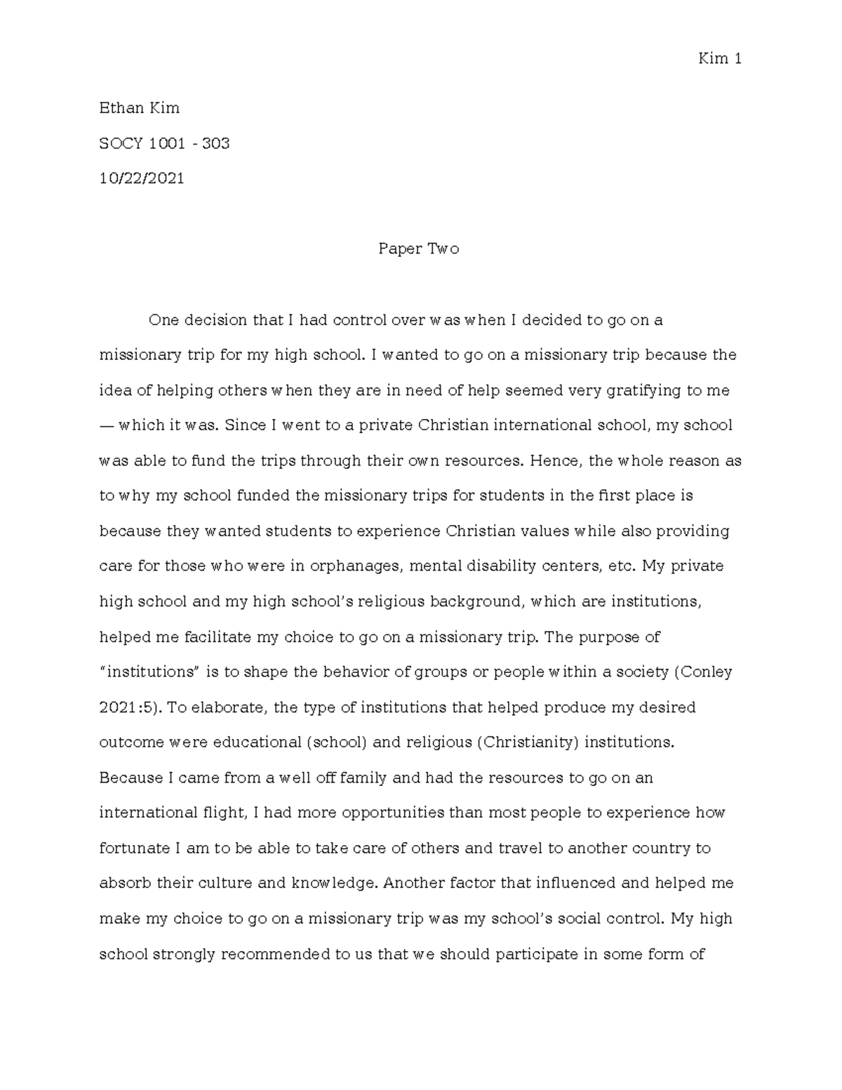 Paper Two - Professor: Glenda Walden - Kim 1 Ethan Kim SOCY 1001 - 303 ...