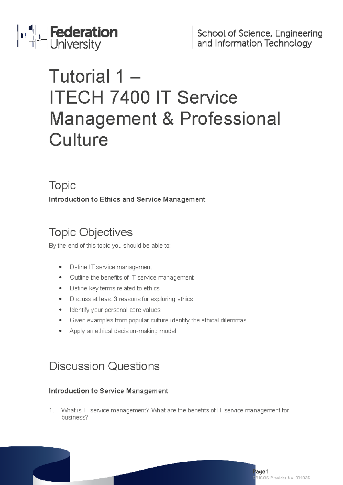 Itech 7400 01 tutorial - Page 1 Tutorial 1 – ITECH 7400 IT Service ...