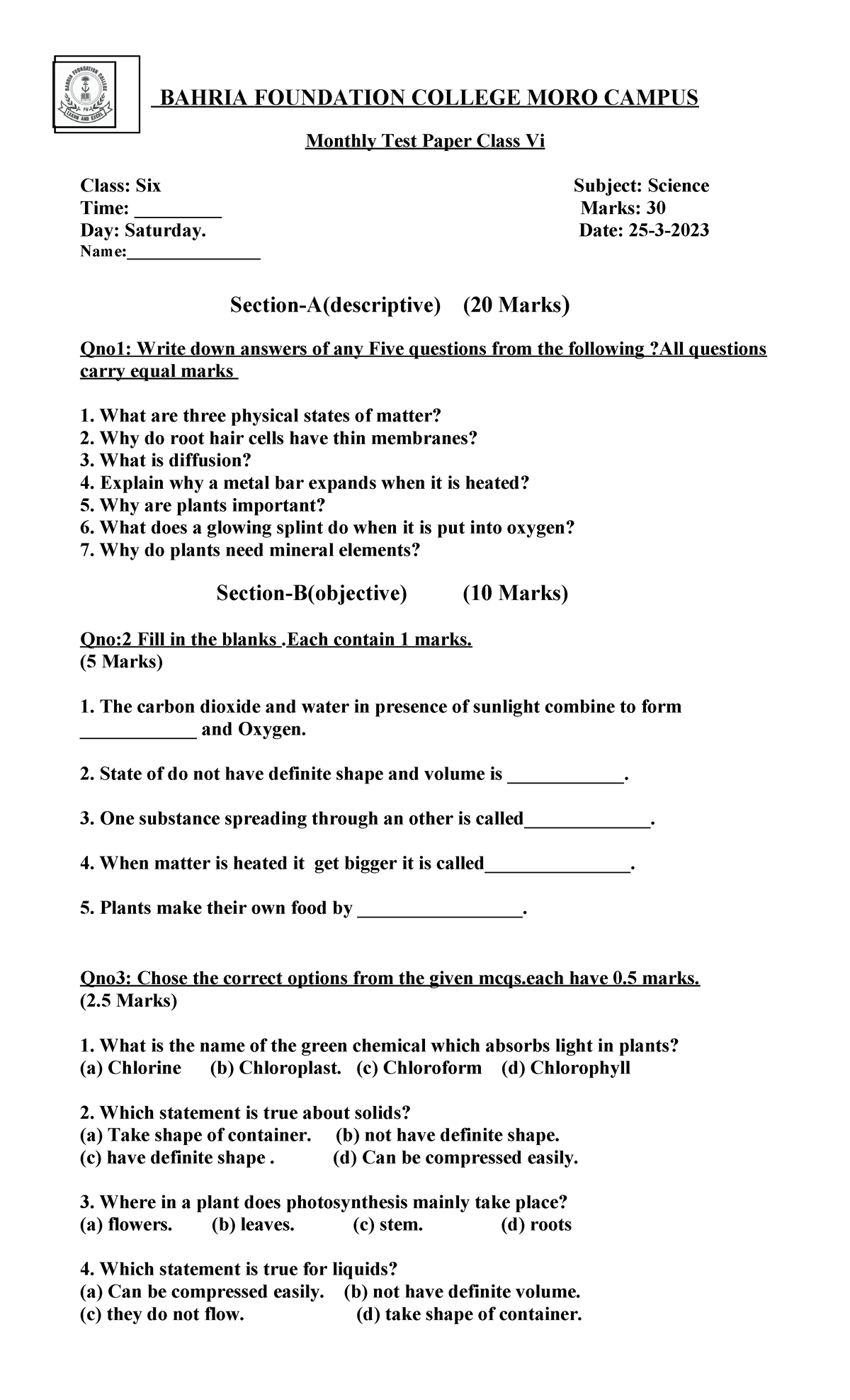 6 science paper - BAHRIA FOUNDATION COLLEGE MORO CAMPUS Monthly Test ...