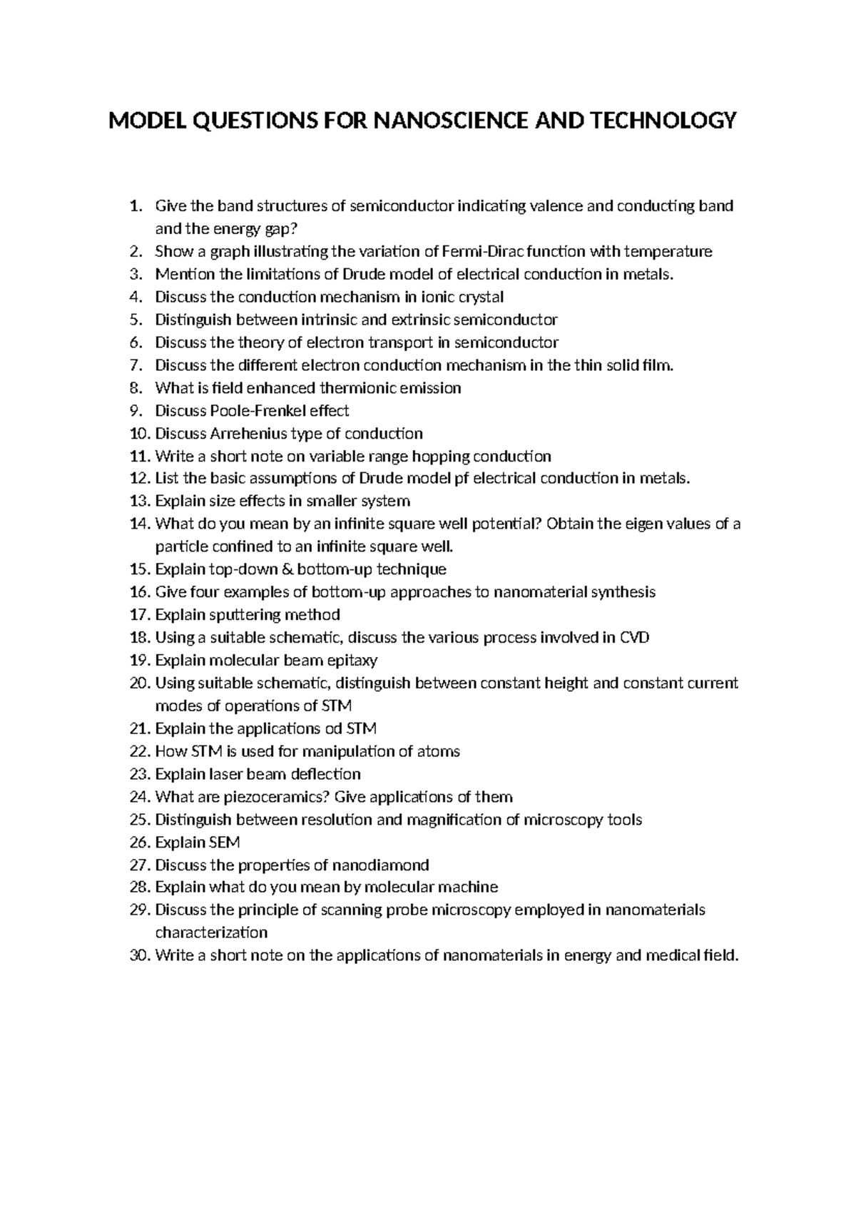 Model Questions FOR Nanoscience AND Technology - MODEL QUESTIONS FOR ...