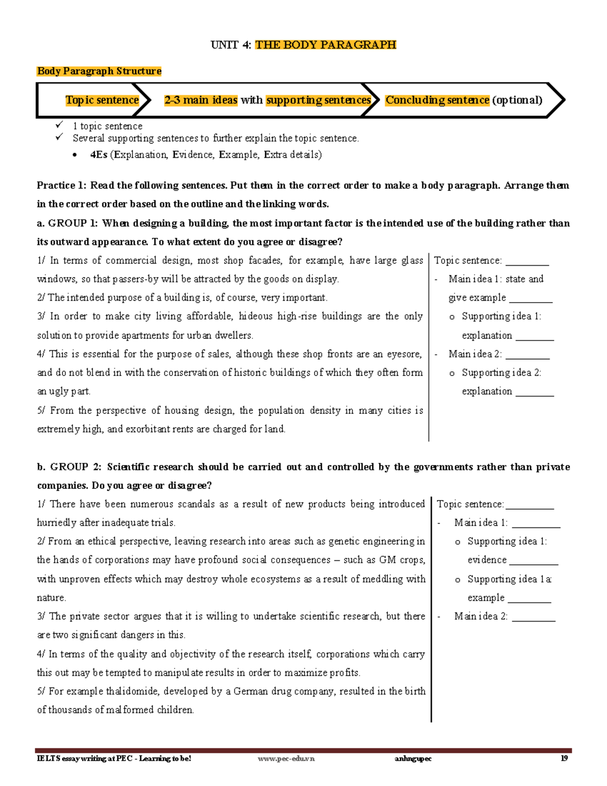 EW U4 NB - ielts writing task 2 - UNIT 4: THE BODY PARAGRAPH Body ...
