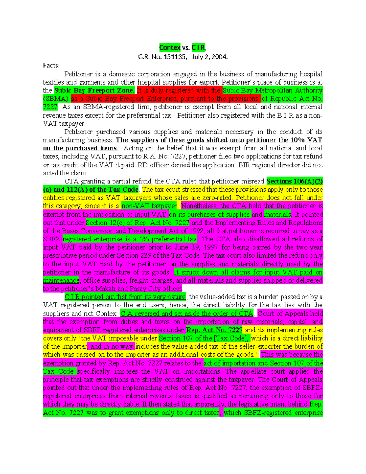Contex vs CIR - Summary Cases on Taxation Law - Contex vs. C I R, G. No. 151135, July 2, 2004 ...