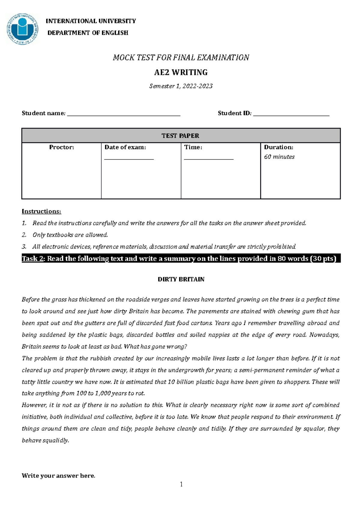 Mocktest AE2 Writing - Final test - INTERNATIONAL UNIVERSITY DEPARTMENT ...