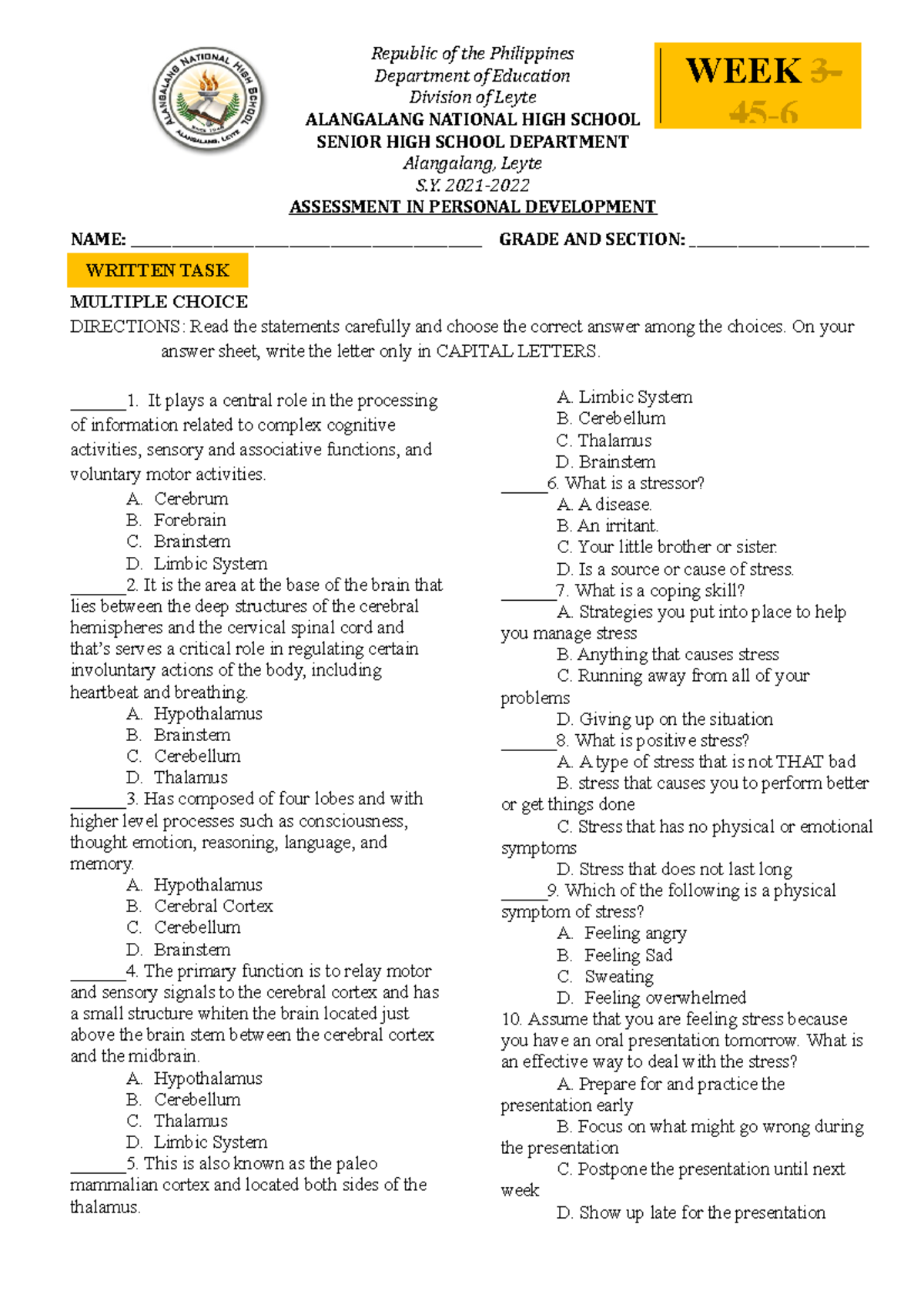 WEEK 56 Assessment Personal Development - Secondary Education Math ...