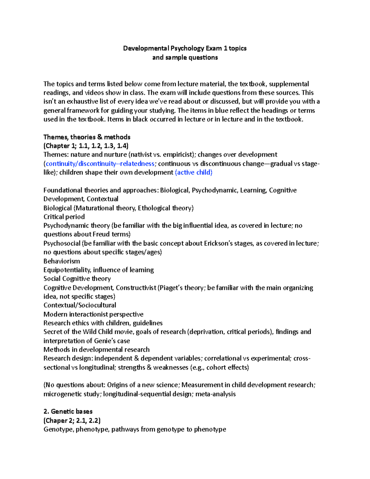 PSC 140 Exam 1 review sheet - Developmental Psychology Exam 1 topics ...