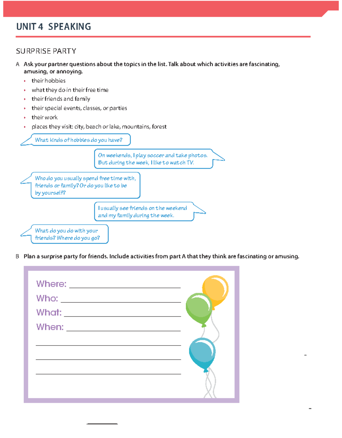 BUS 2.0 Level 3 Lesson Plan 4 Handout 3 - SURPRISE PARTY A Ask your ...