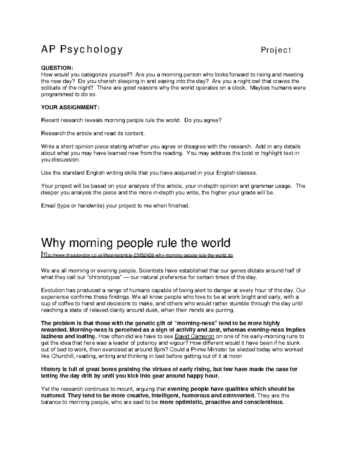 Ch 5 - Morningness - psych - AP Psychology Project QUESTION: How would ...