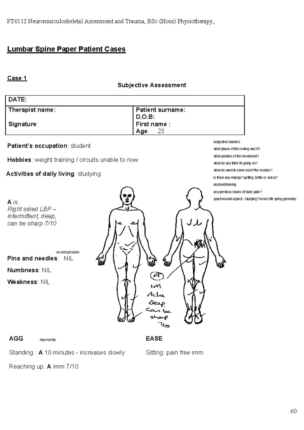 Case study L1 - MSK - Lumbar Spine Paper Patient Cases Case 1 ...