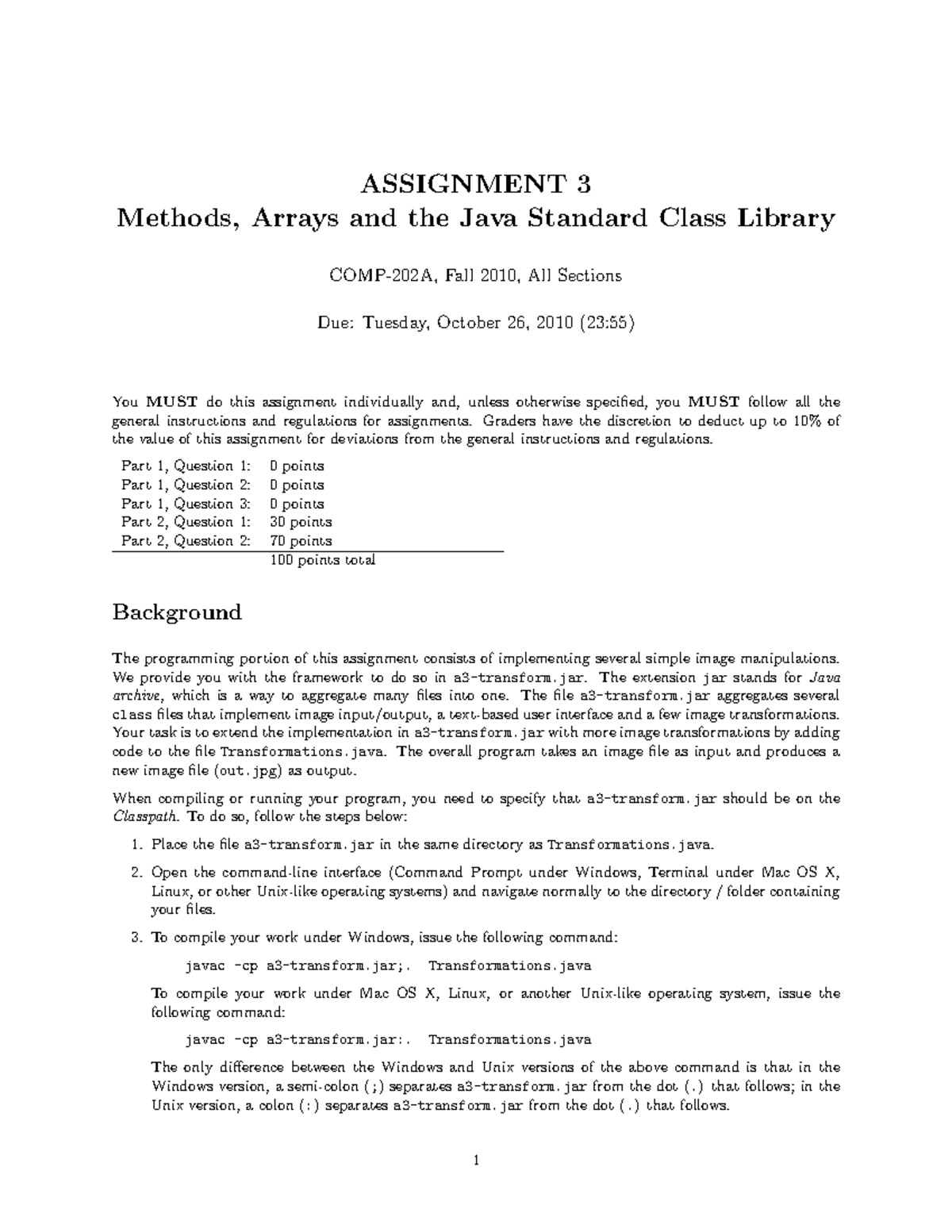 Assignment 3 methods arrays - ASSIGNMENT 3 Methods, Arrays and the Java ...