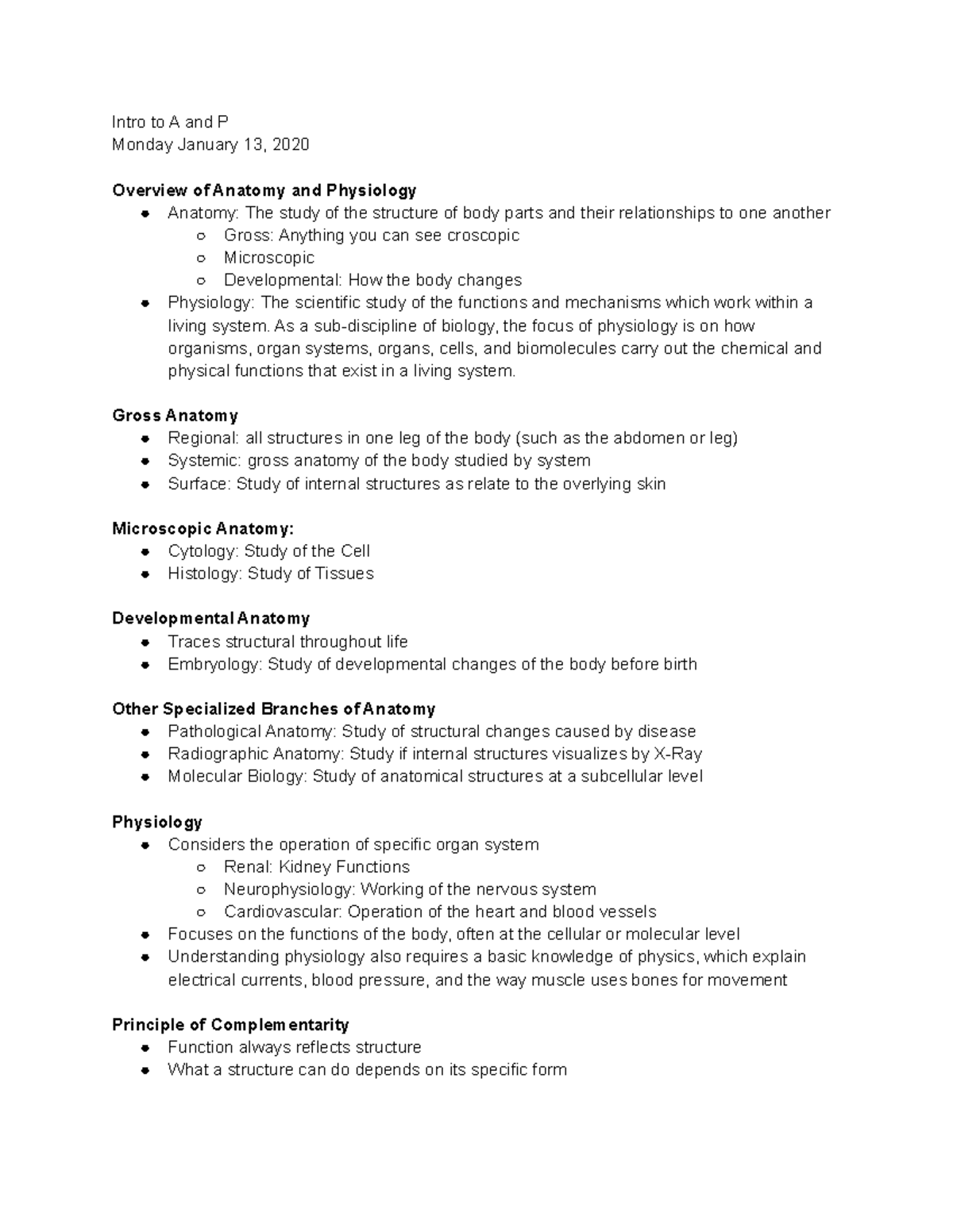 1 Intro to A and P - Lecture notes 1 - Intro to A and P Monday January ...