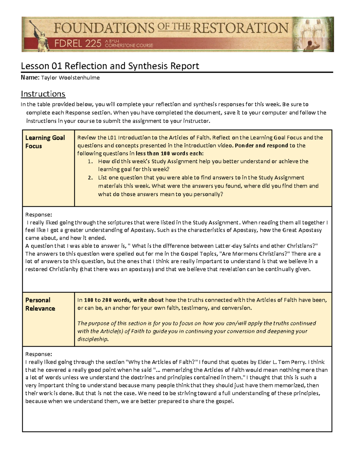 FDREL225 Reflection And Synthesis Report Template L01 - Lesson 01 ...