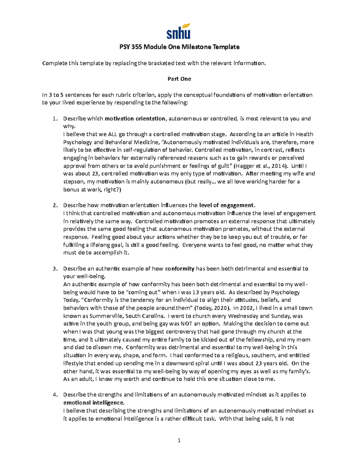PSY 355 Module One Milestone Template - PSY 355 - SNHU - Studocu