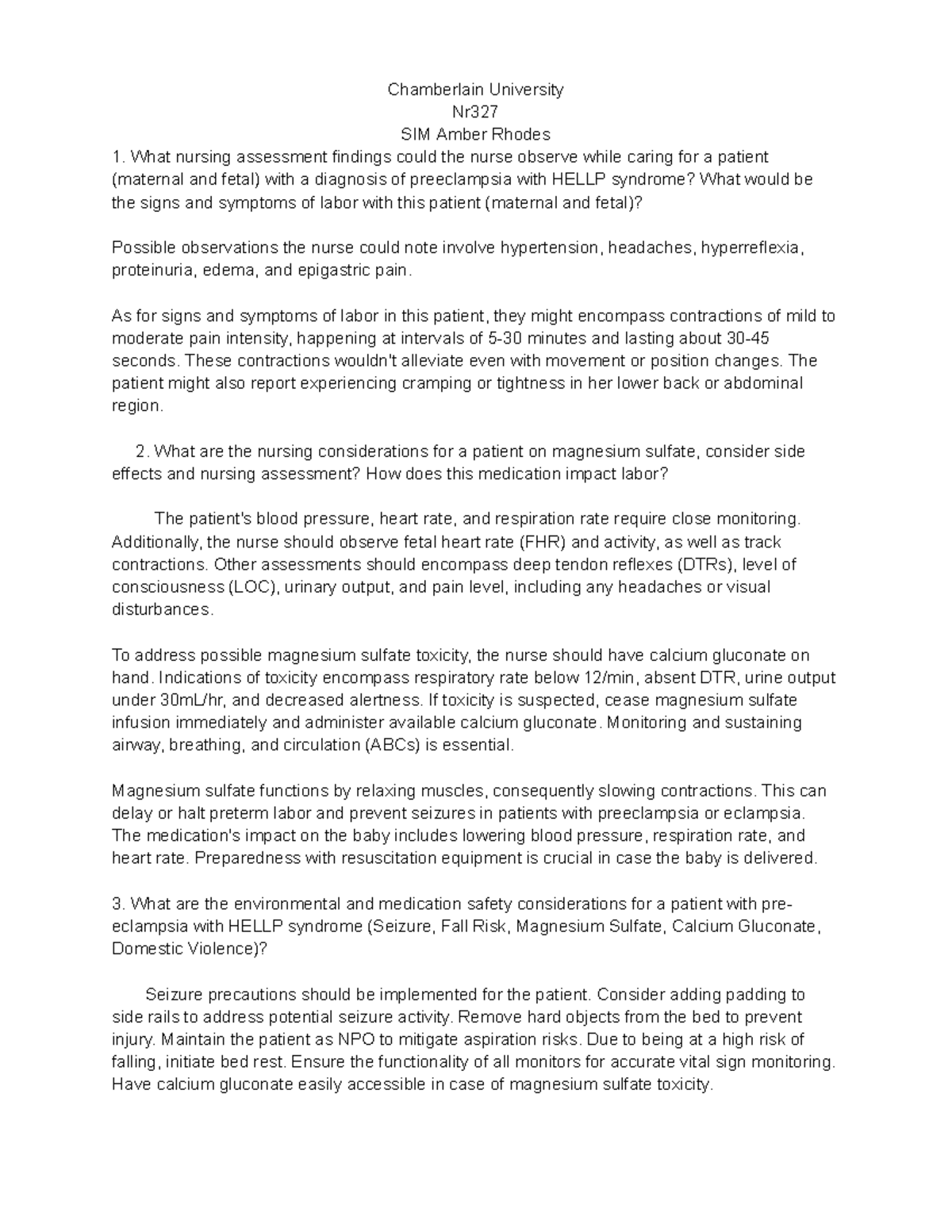 Sim 2 - n/a - Chamberlain University Nr SIM Amber Rhodes What nursing ...