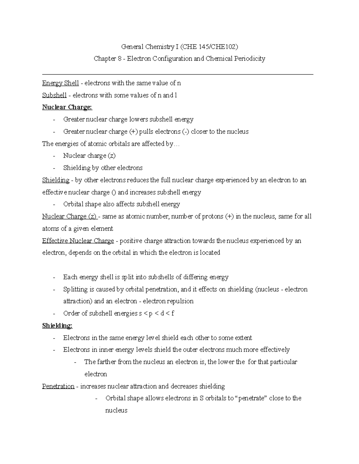 General Chemistry I - Chapter 8 - General Chemistry I (CHE 145/CHE102 ...
