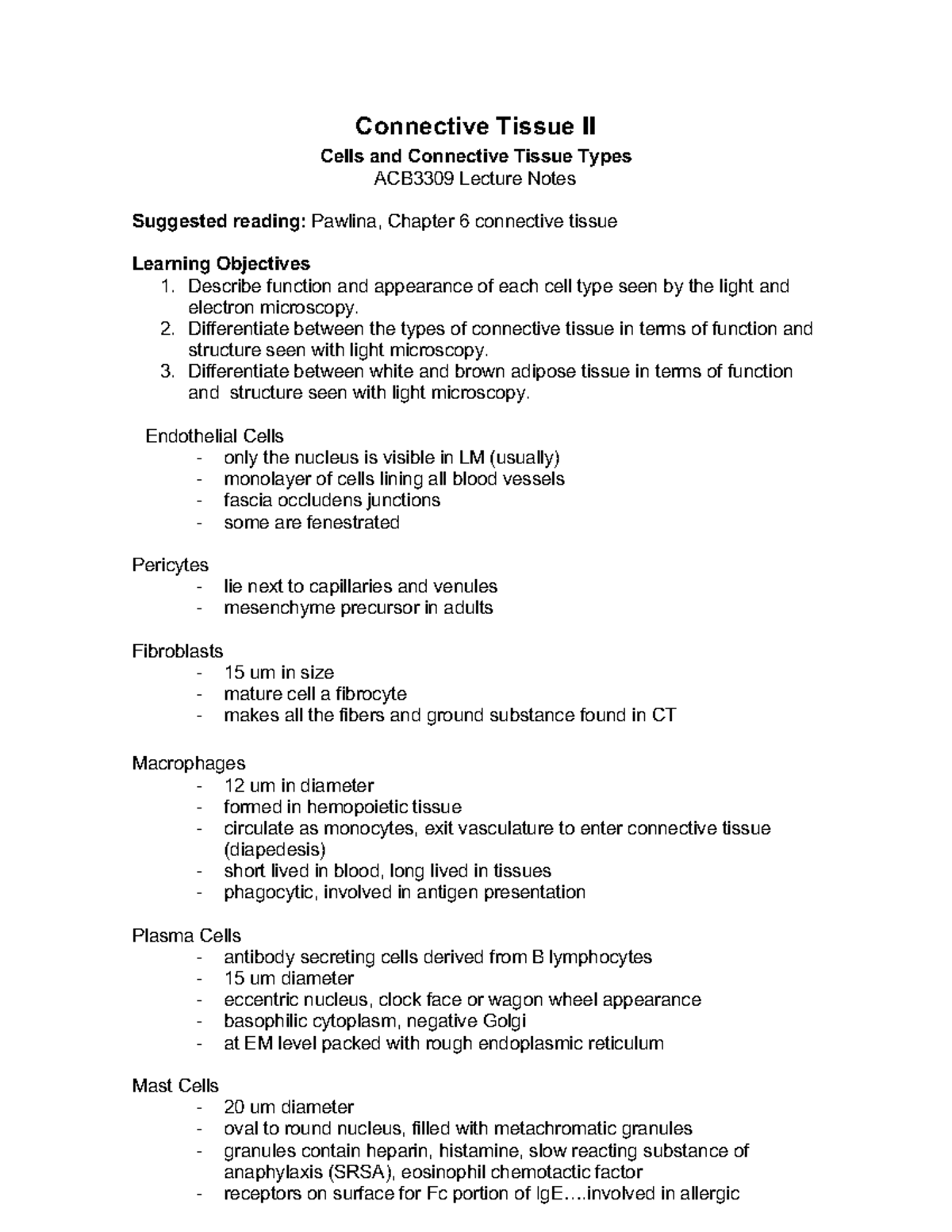 Connective Tissue Cells and Types Lecture Notes - Connective Tissue II ...