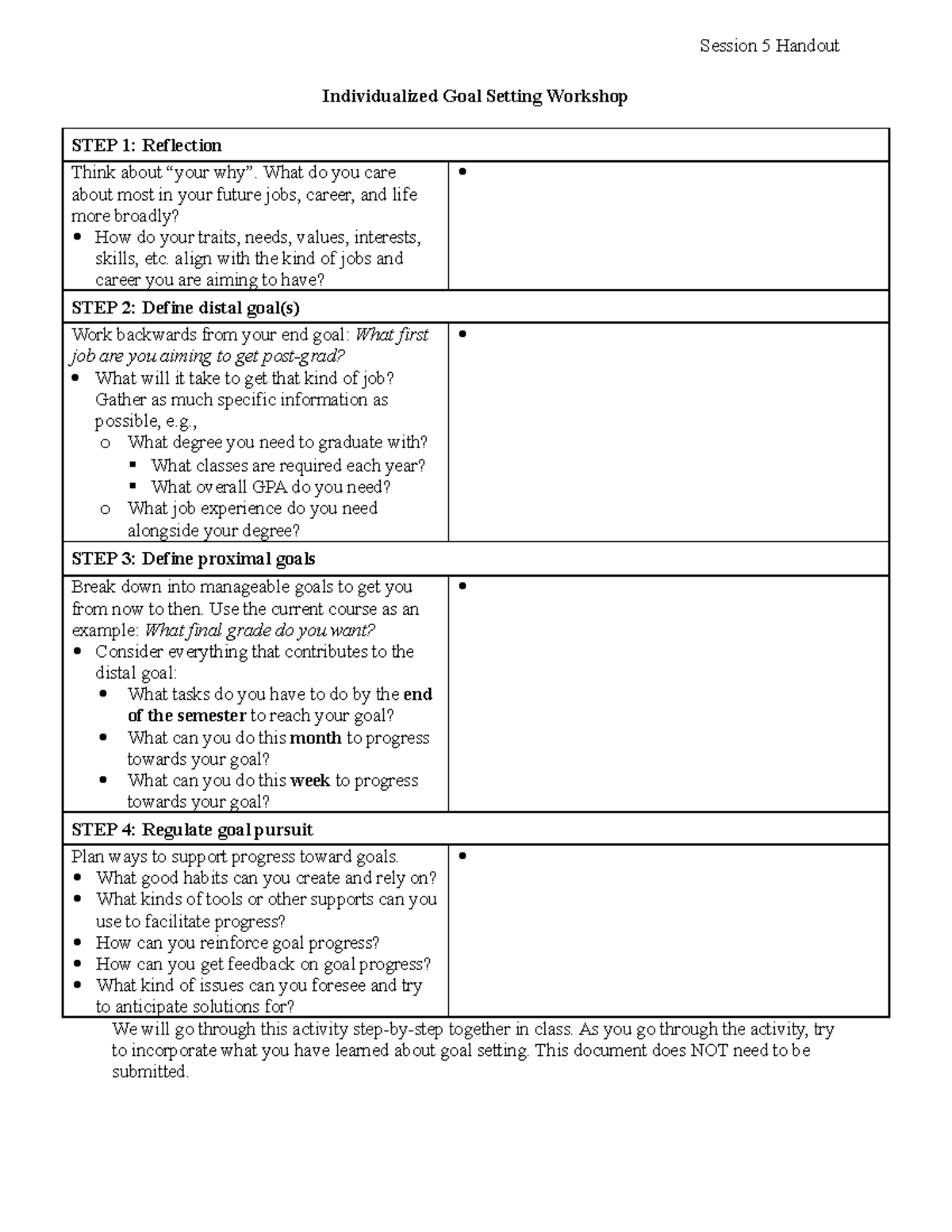 Goal Setting Workshop (Handout Session 5) - Session 5 Handout ...