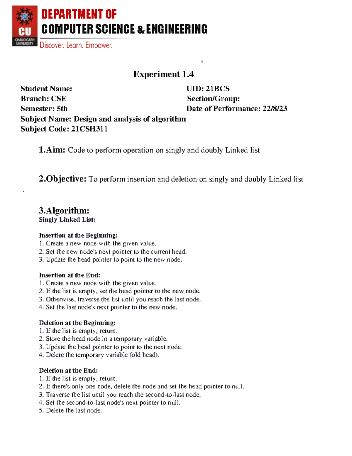 DAA Worksheet 4 - Alasso - COMPUTER SCIENCE & ENGINEERING Experiment 1. 4 Student Name: UID ...