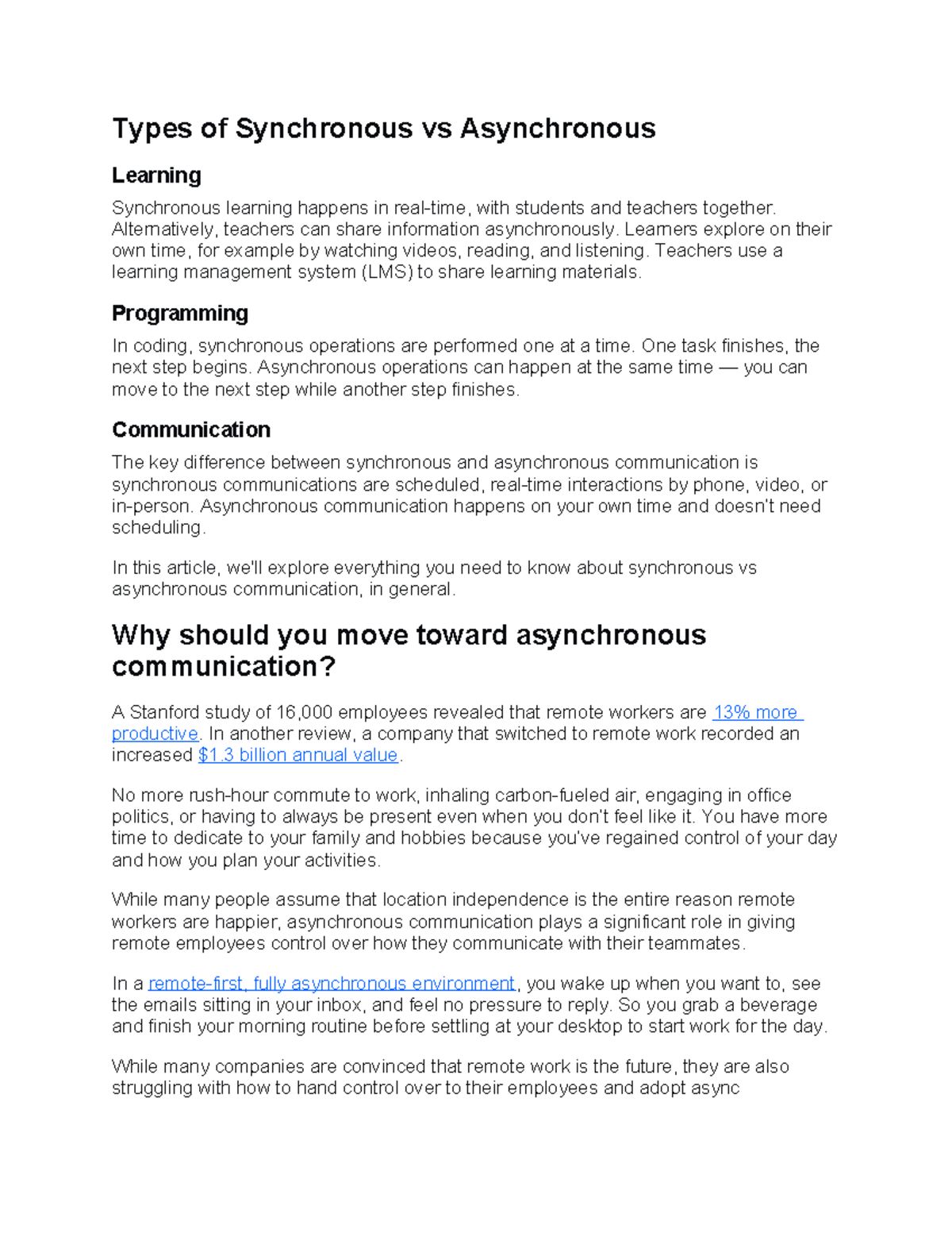 1 - NOTES - Types of Synchronous vs Asynchronous Learning Synchronous ...