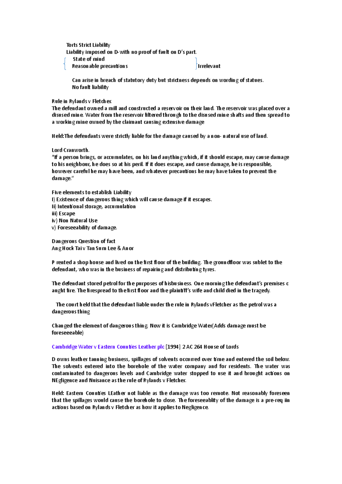 Torts Strict Liability - Torts Strict Liability Liability imposed on D ...