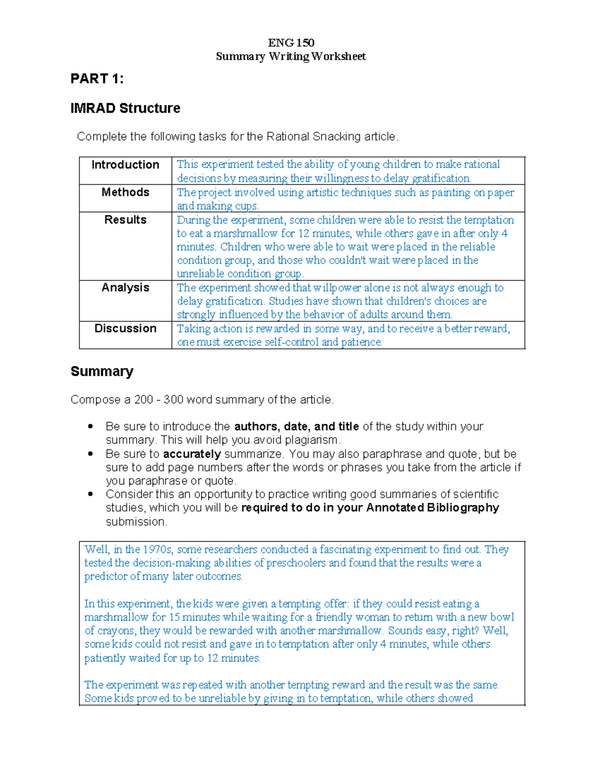 W09 Assignment How to Summarize Scientific Studies - ENG 150 Summary Writing Worksheet PART 1 ...