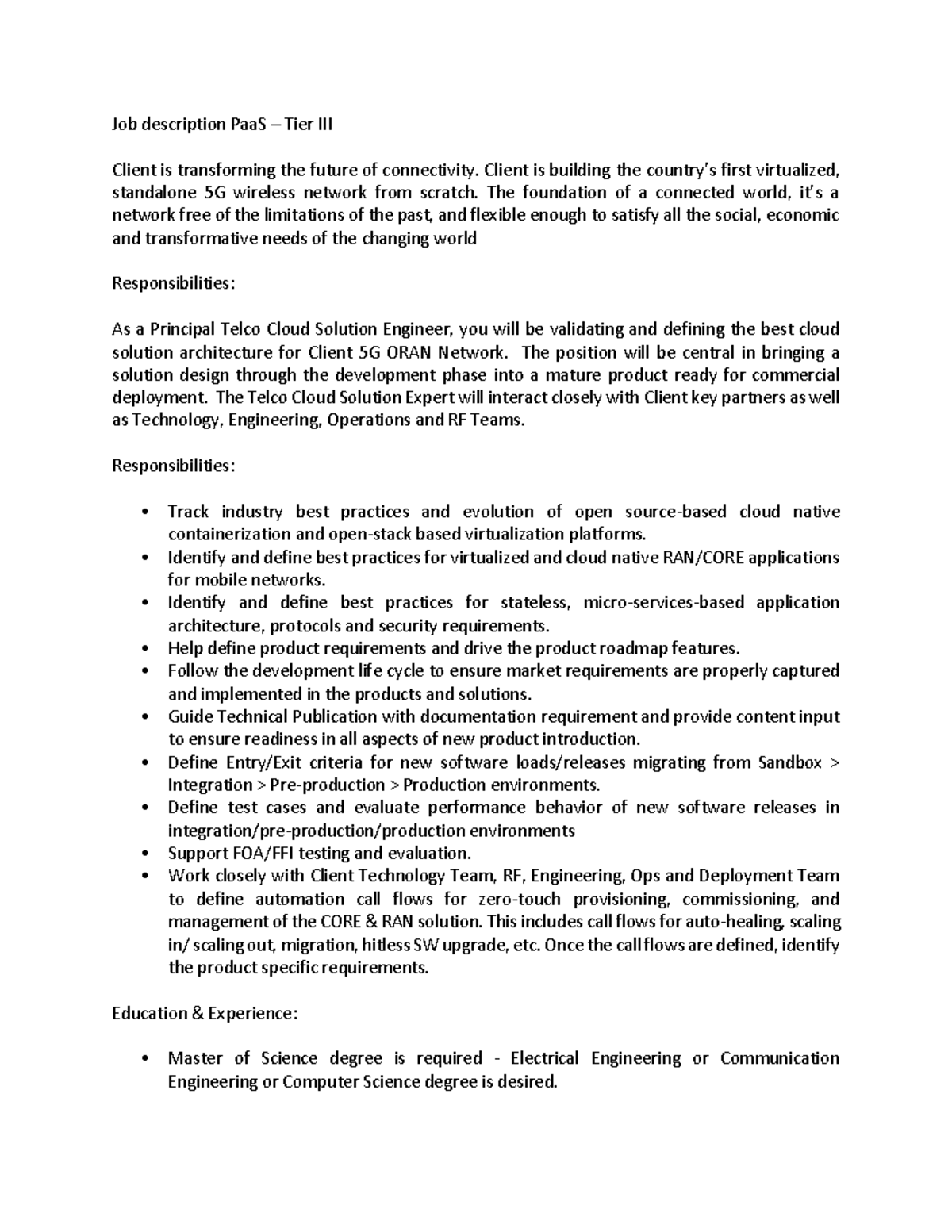 Job Description Paa S Tier III Job Description PaaS Tier III