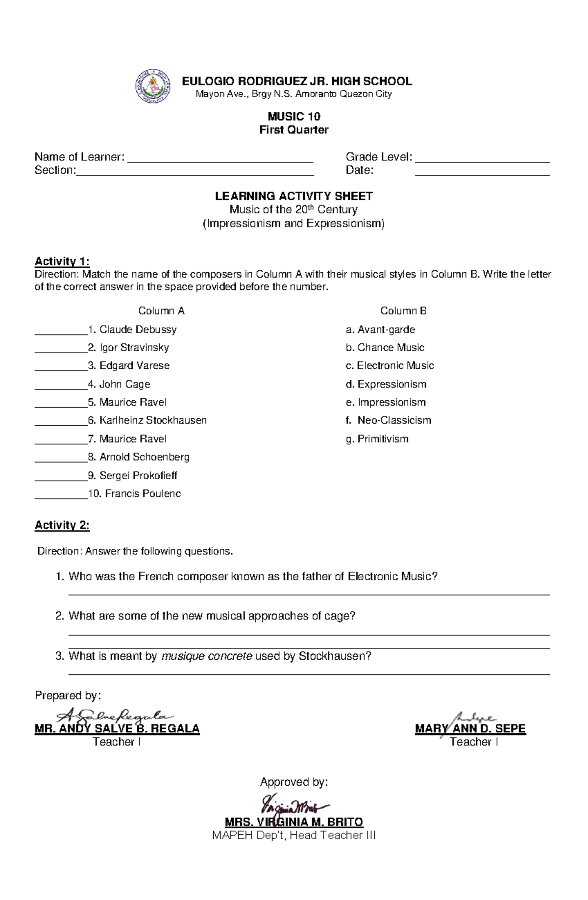 Music 10 Q1- Learning- Activity- Sheet - EULOGIO RODRIGUEZ JR. HIGH ...