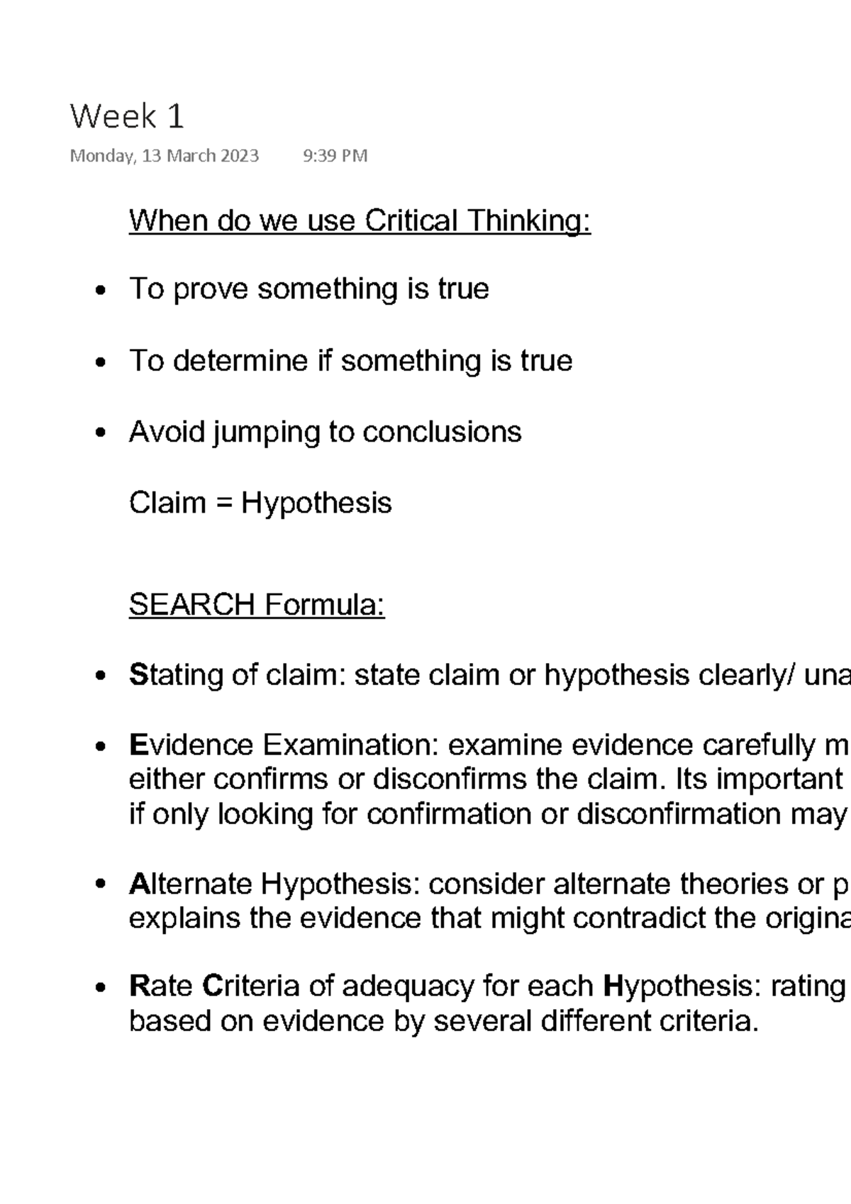 Week 1 - Week 1 Lecture notes - When do we use Critical Thinking: To ...