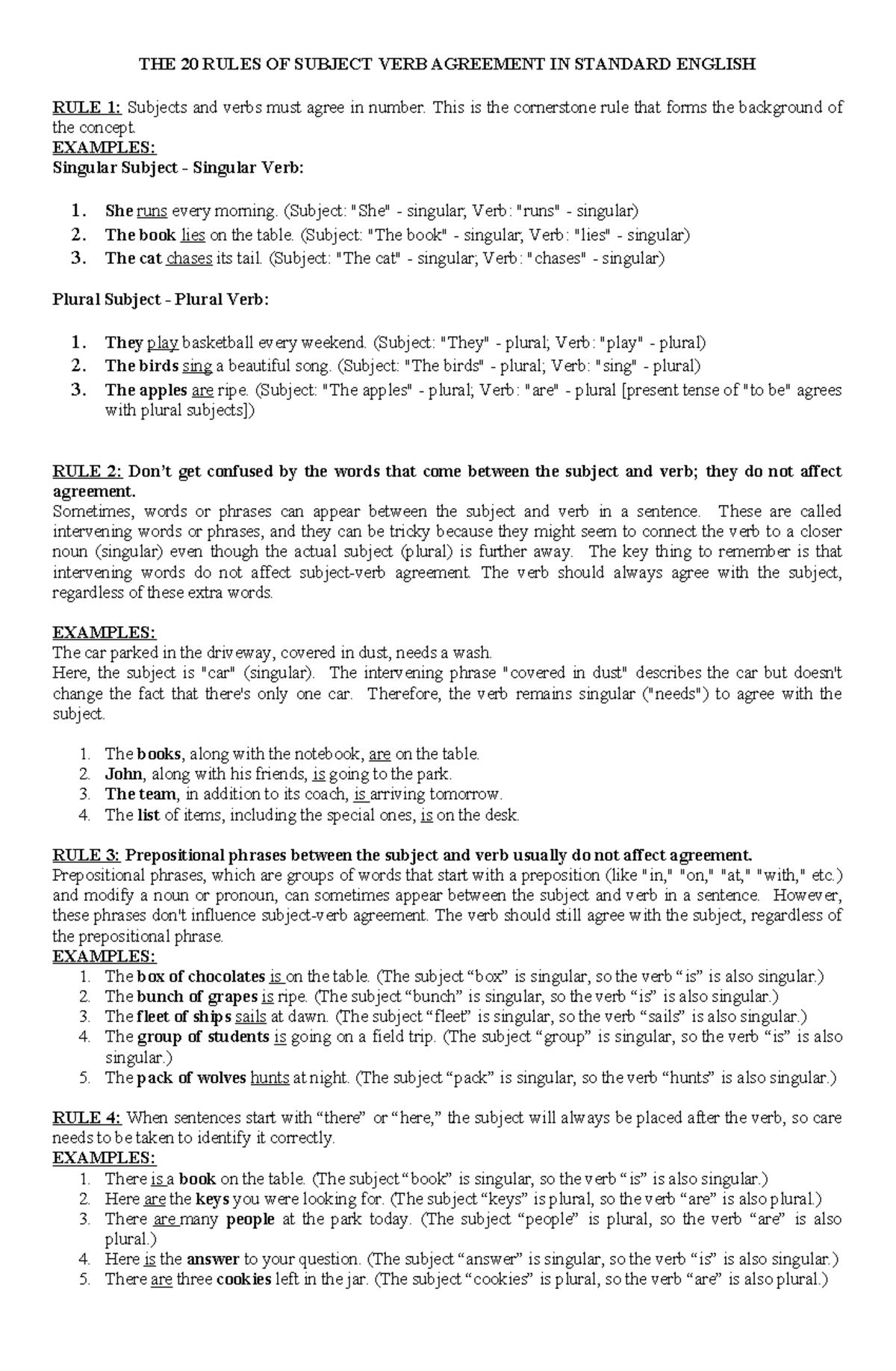 20 Rules Of Subject-Verb Agreement - THE 20 RULES OF SUBJECT VERB ...