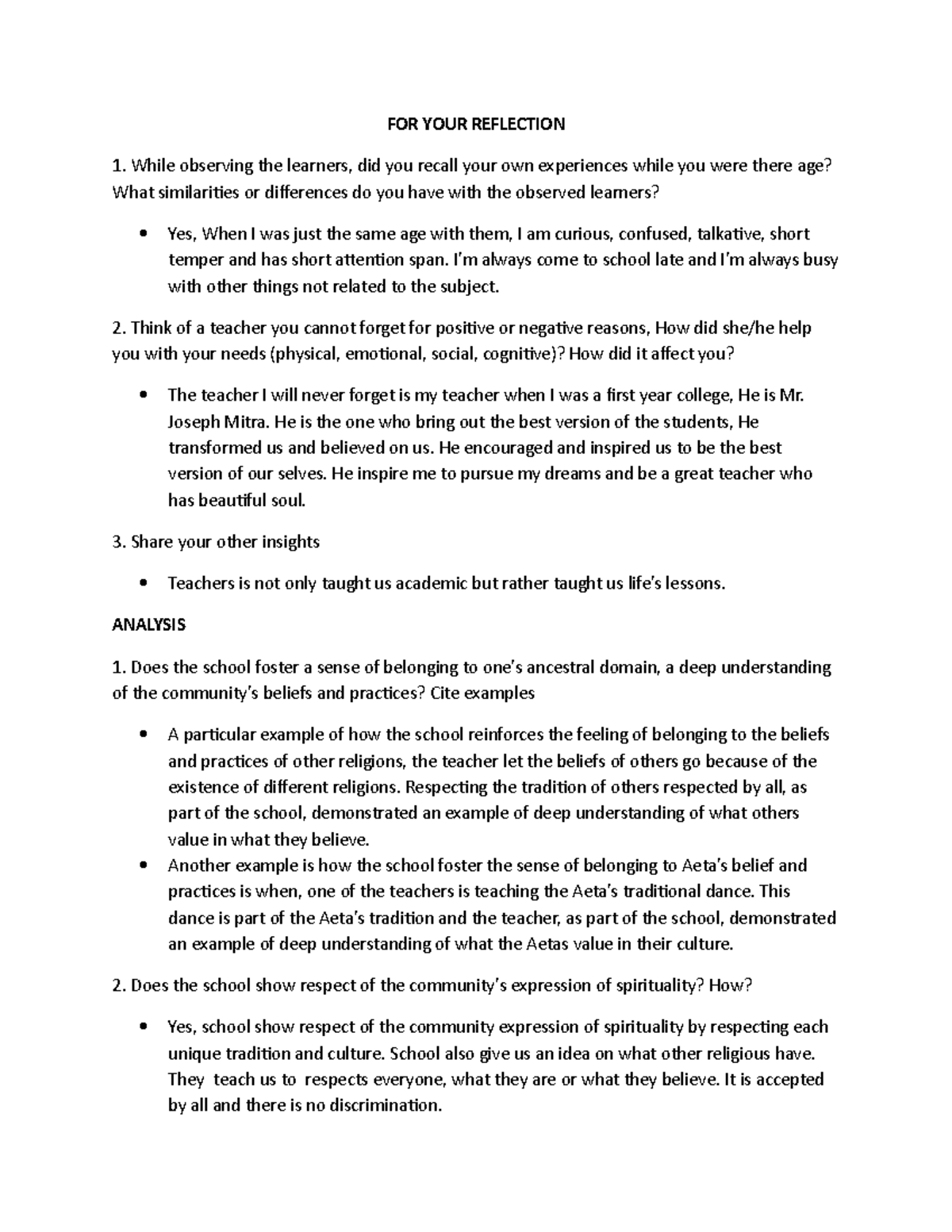 Observation Module-3 FS1 - FOR YOUR REFLECTION While observing the ...