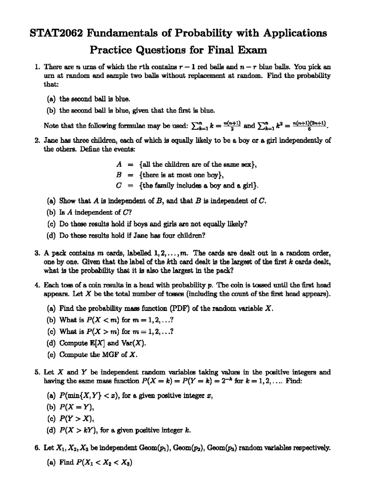 2022 Examination Prac - STAT2062 Fundamentals of Probability with Applications Practice ...