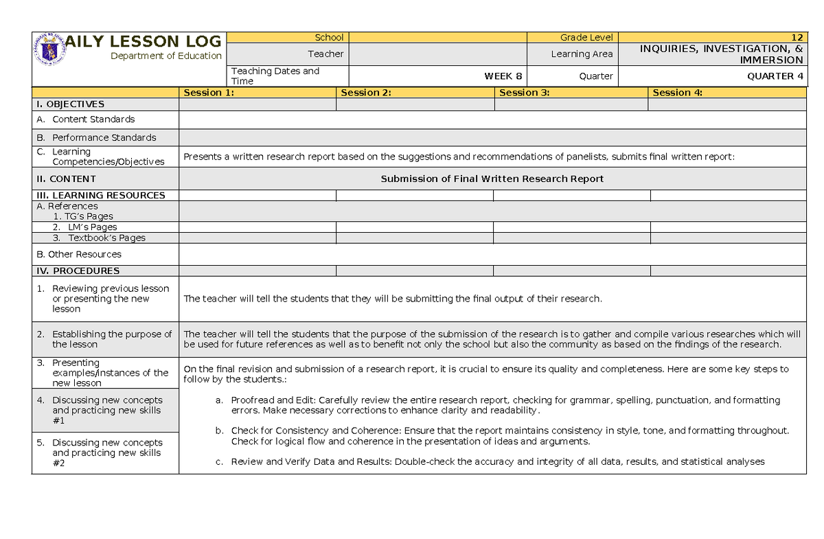 3Is Quarter 4 WEEK8 - DAILY LESSON LOG Department of Education School ...