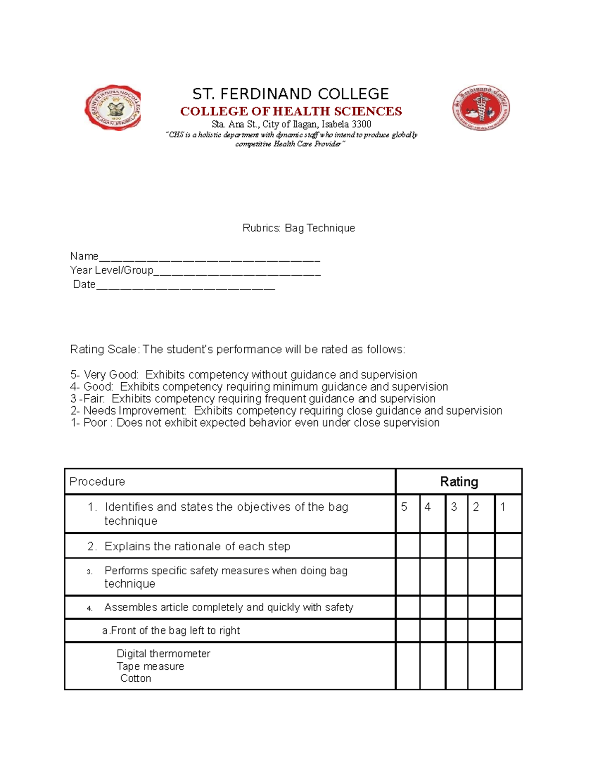 Rubrics -Bag-Technique-1 - ST. FERDINAND COLLEGE COLLEGE OF HEALTH ...
