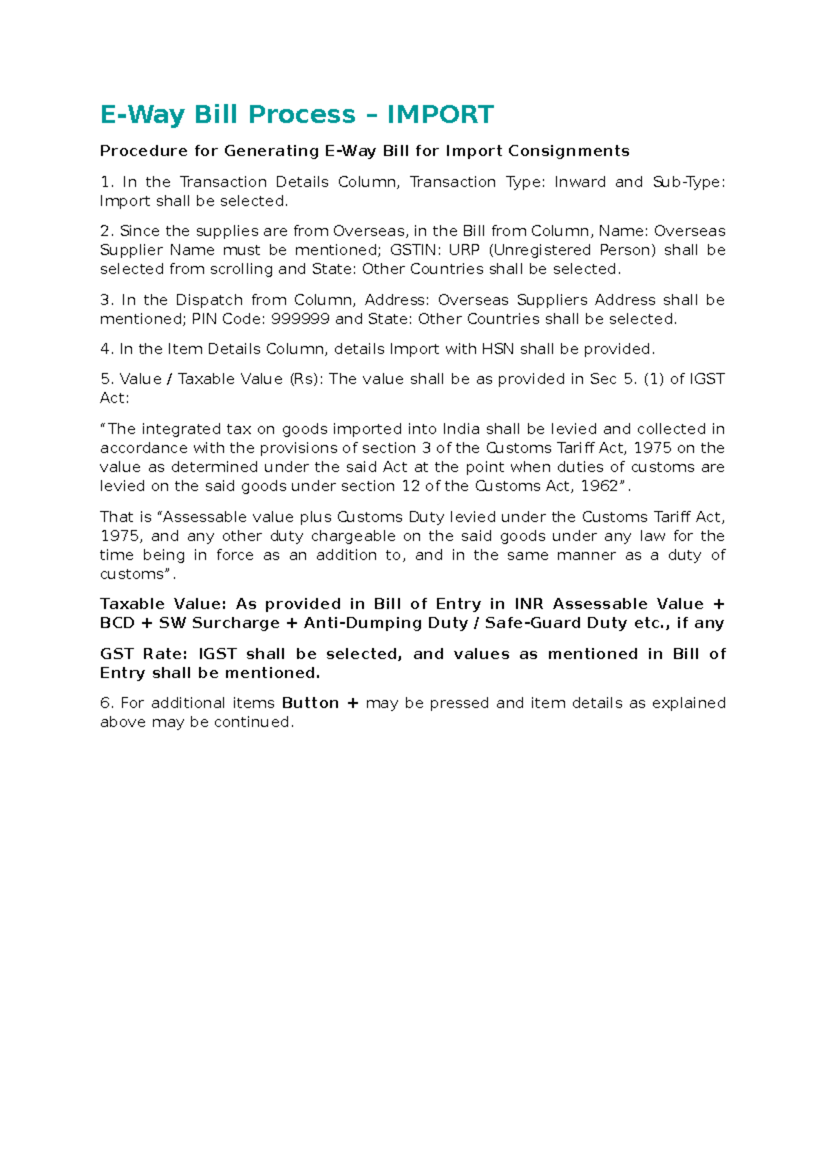 E-way bill generation process for imports - E-Way Bill Process – IMPORT ...