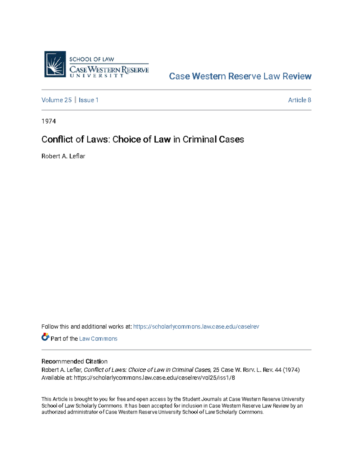Conflict of Laws Choice of Law in Criminal Cases - Case Western Reserve ...