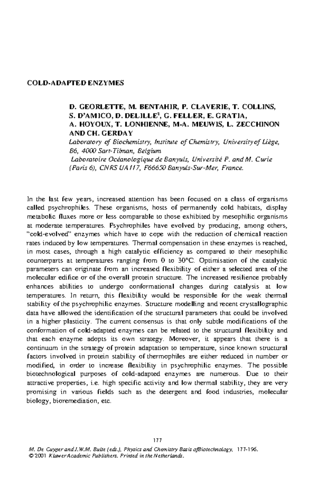 COLD- Adapted Enzymes - COLD- ADAPTED ENZYMES D. GEORLETTE, M. BENTAHIR ...