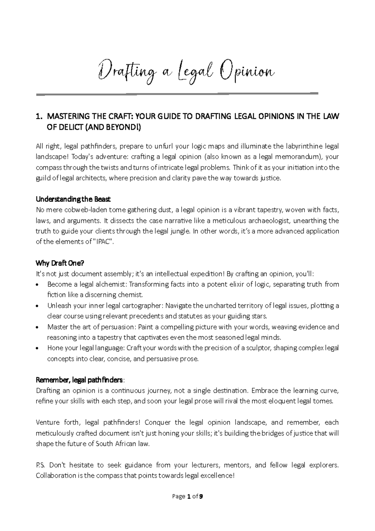 Drafting a Legal Opinion for the Law of Delict 2024 Final-1 - Drafting ...