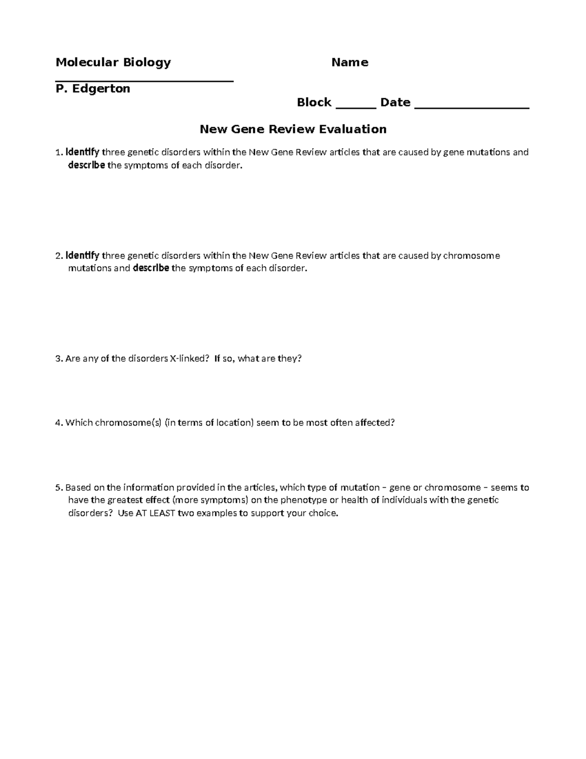 New Gene Review evaluation questions - Molecular Biology Name